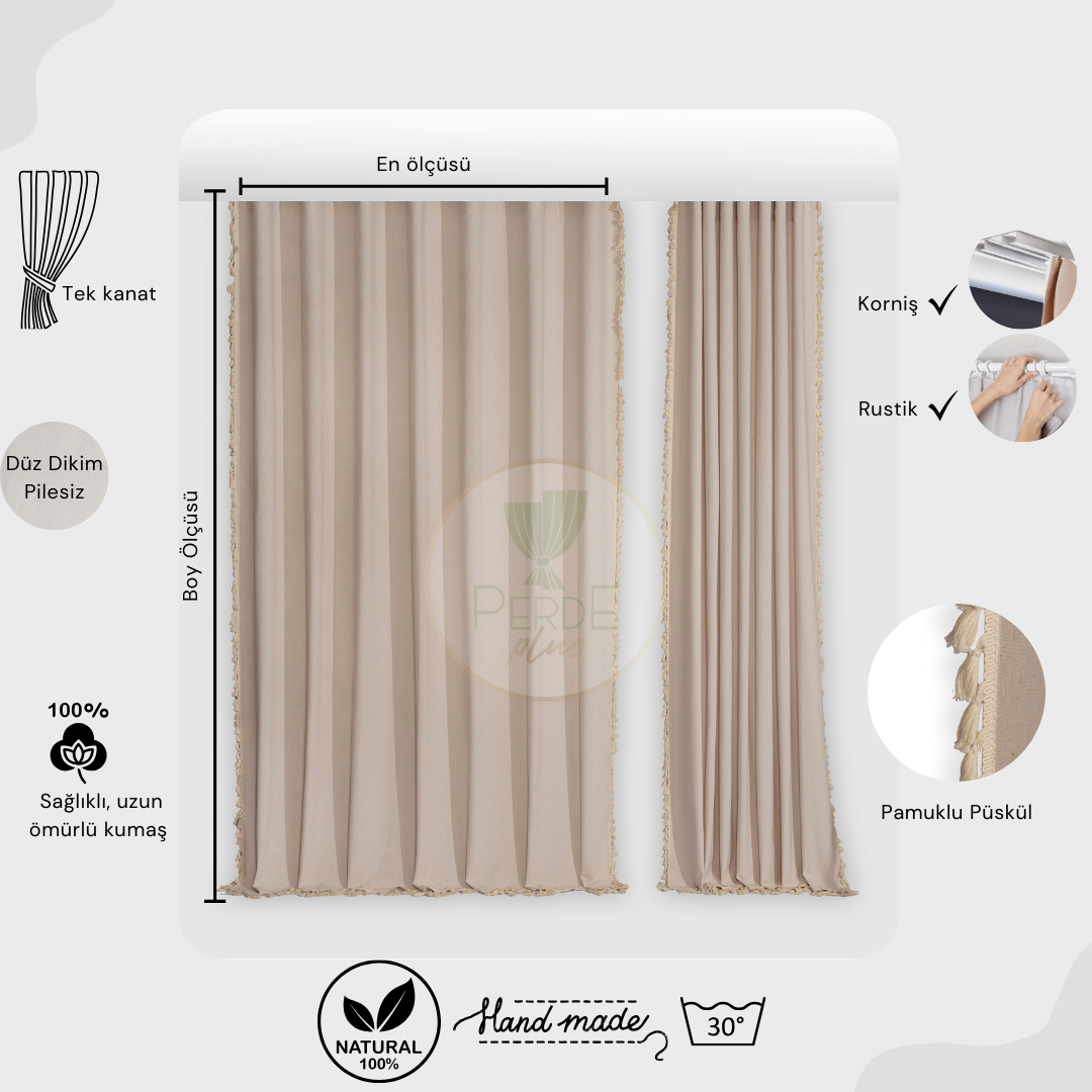 Bej Püsküllü Pamuklu Fon Perde | Perde Plus